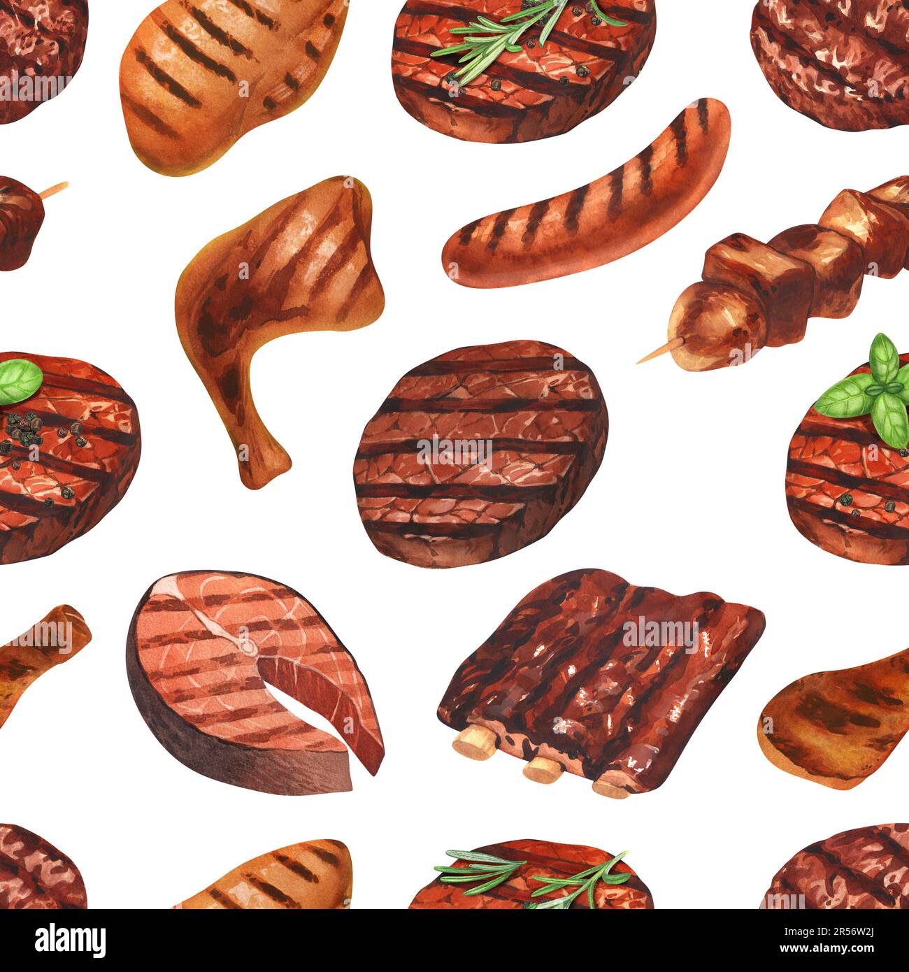 Watercolor pattern seamless grilled meat hamburger and steak beef. Hand ...