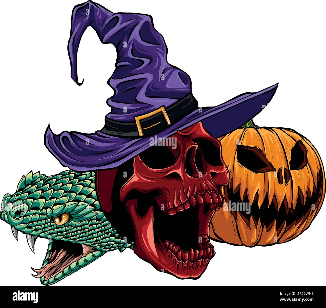 halloween cute wizard skull head with pumpkin and snake Stock Vector ...