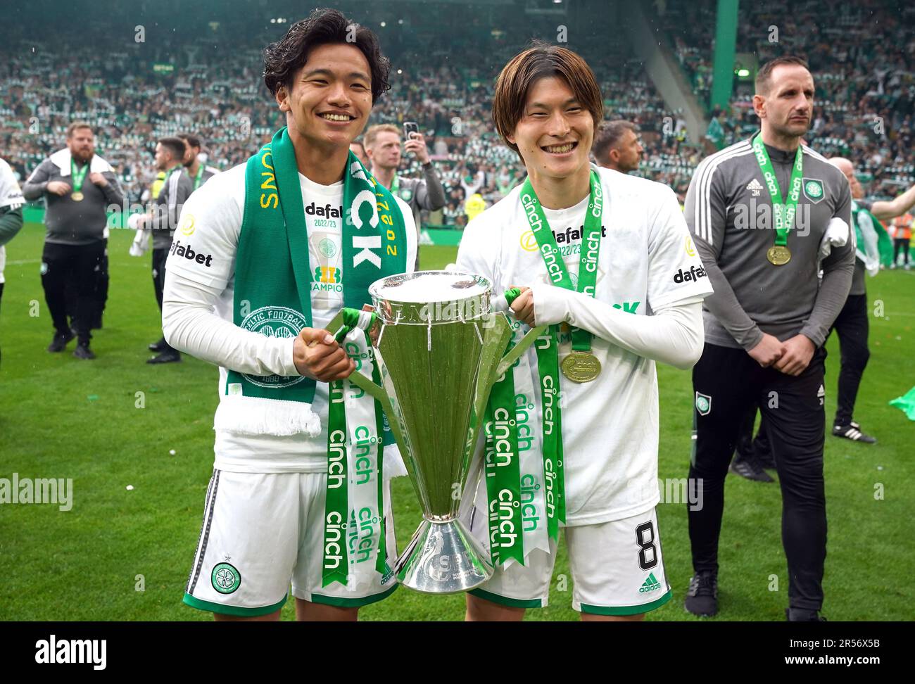 Celtic's Reo Hatate (left) and Kyogo Furuhashi (right) celebrate with ...