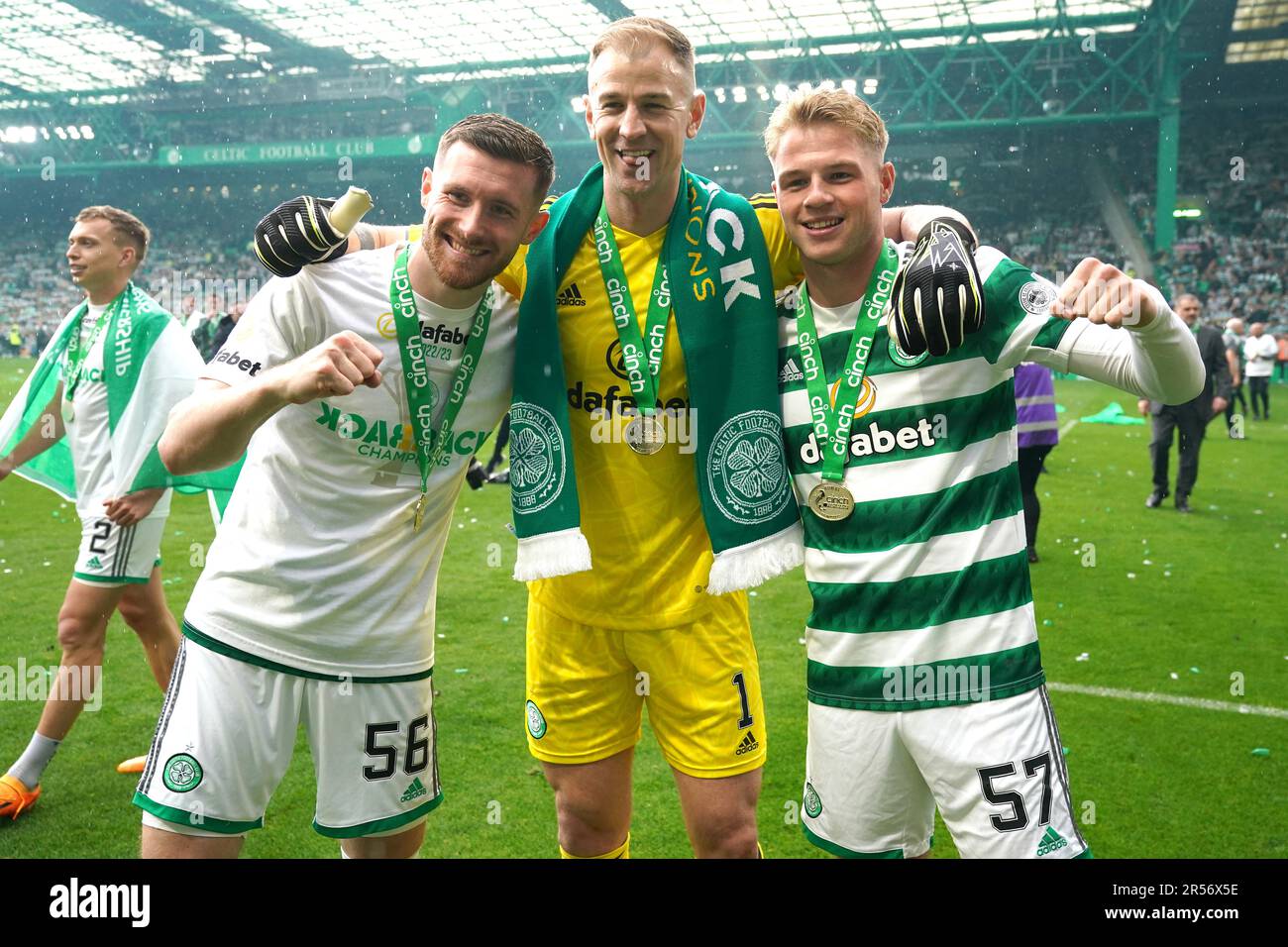 Celtic's Anthony Ralston (left) goalkeeper Joe Hart and Stephen Welsh ...