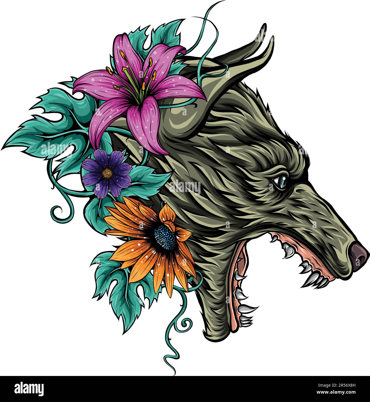 vector illustration of Flowers and wolf's head Stock Vector Image & Art ...