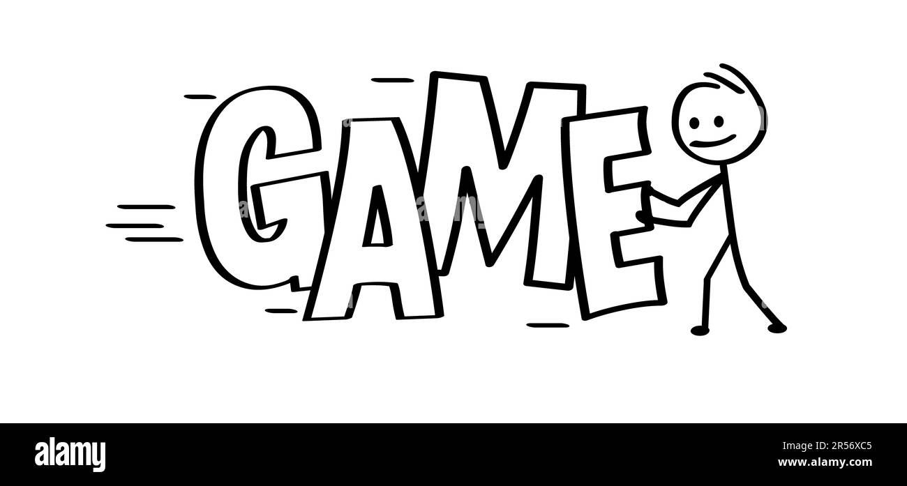Slogan and text game. Let's play and game over. Cartoon stickman, stick ...