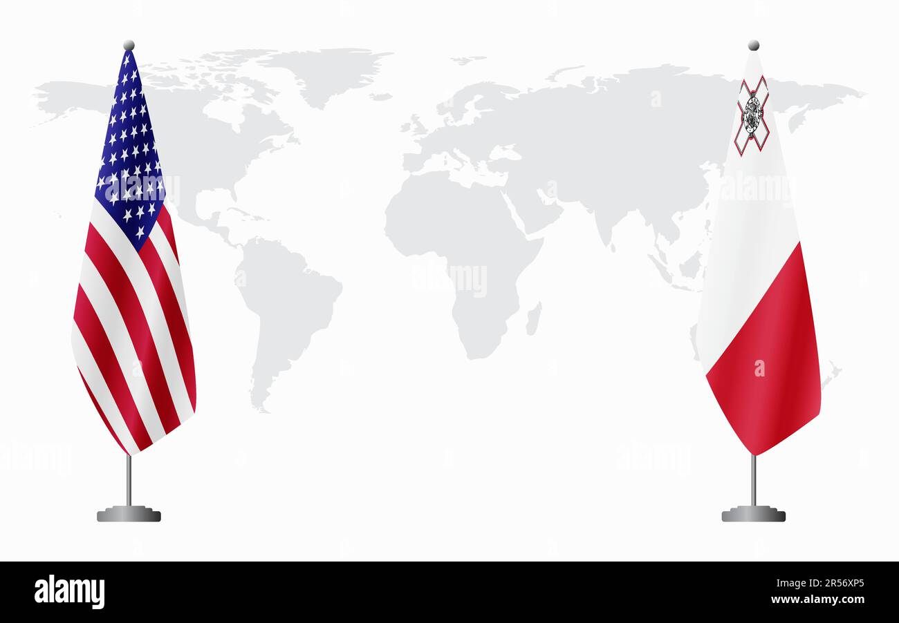 United States and Malta flags for official meeting against background ...