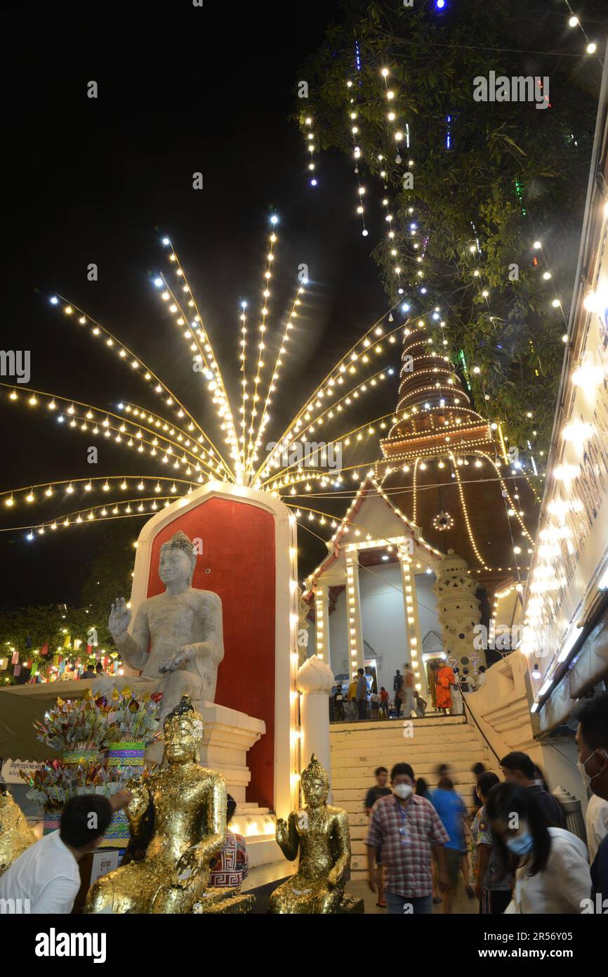 Colorful night lights at Wat Phra Pathom Chedi temple. The largest ...