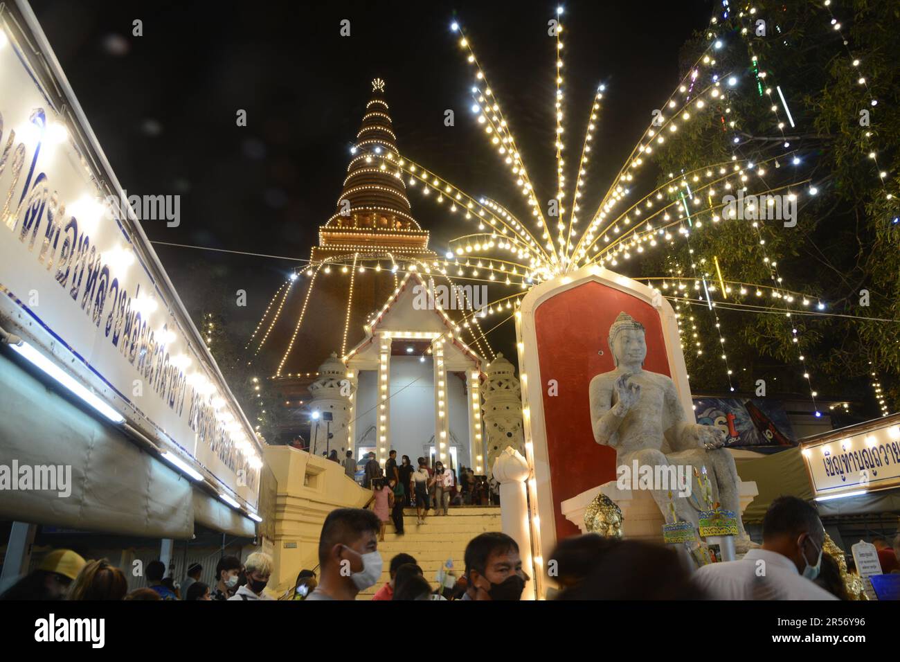 Colorful night lights at Wat Phra Pathom Chedi temple. The largest ...