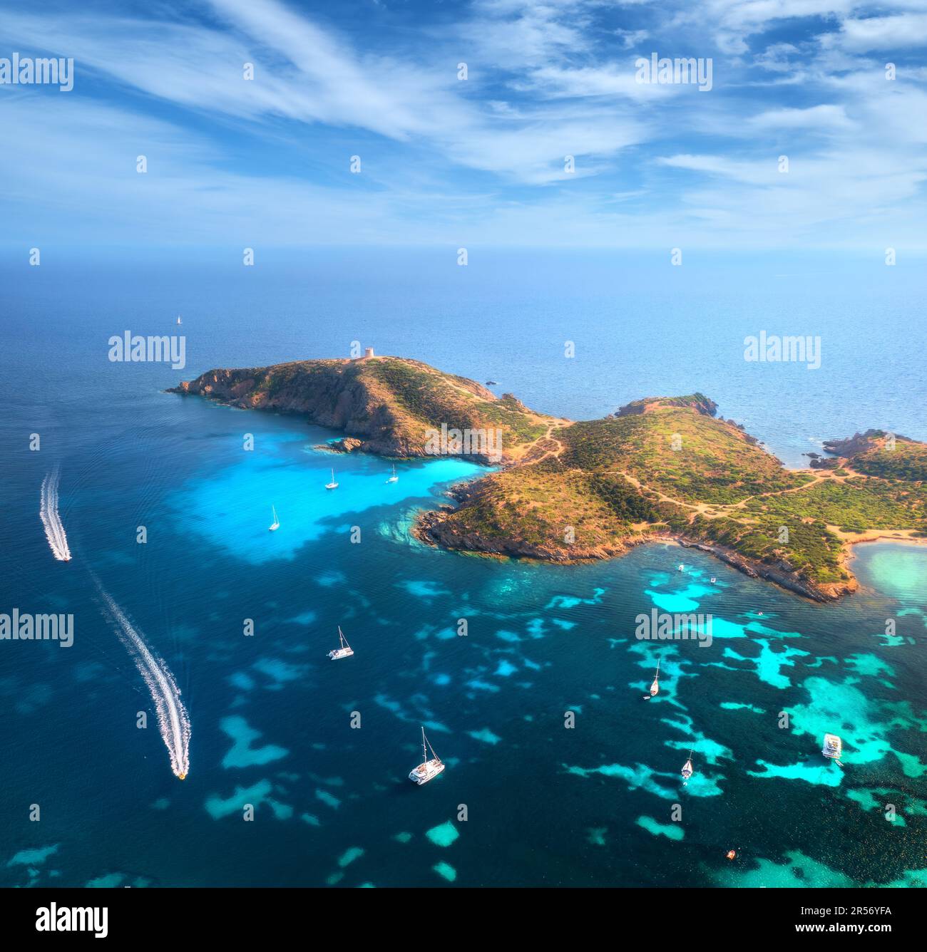 Aerial view of island, sea bay with clear azure water, boats Stock ...