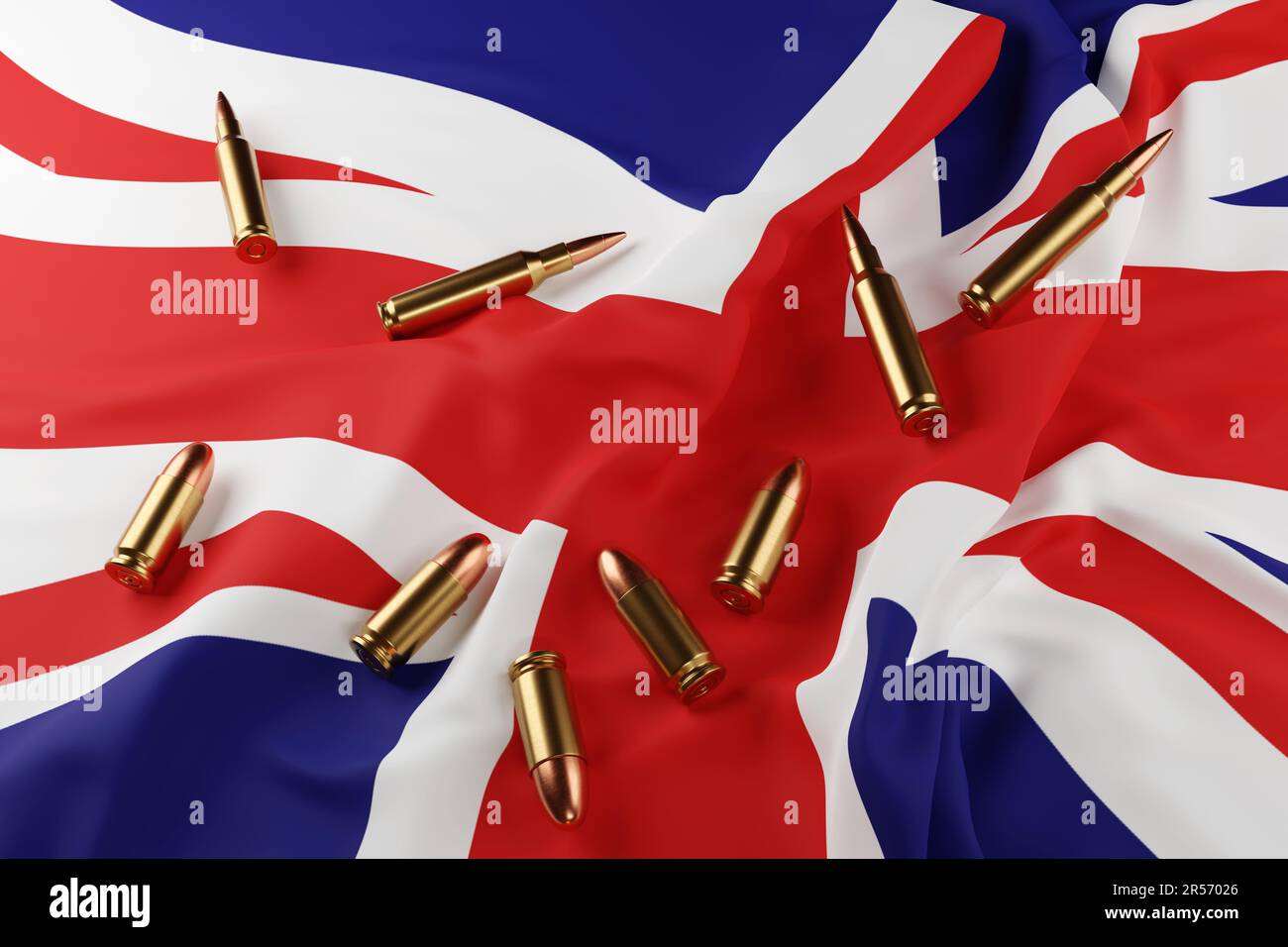 Golden 9mm and 7.62x51mm bullets scattered on the national flag of the ...