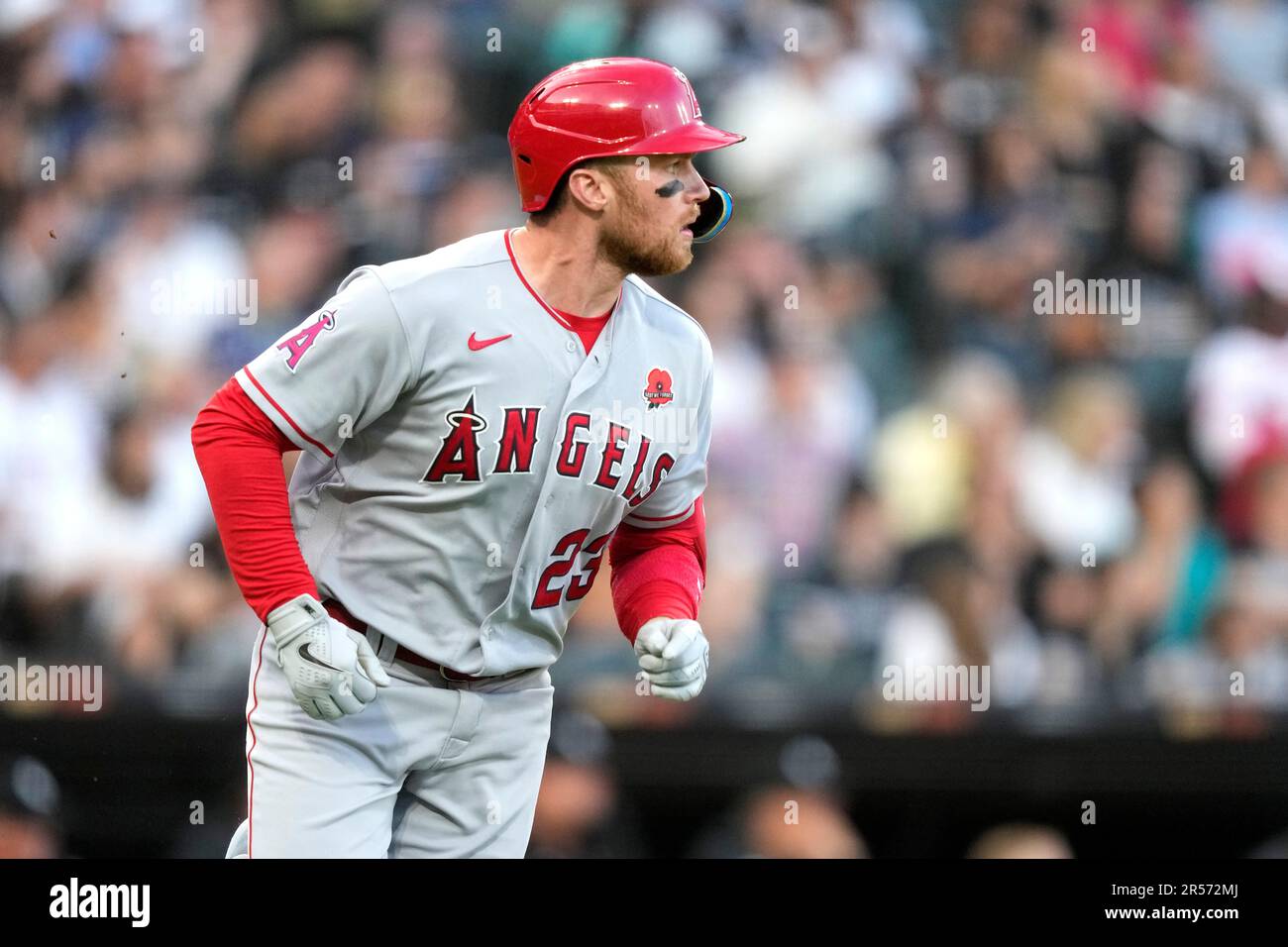 Los Angeles Angels' Brandon Drury watches the ball in a baseball game ...