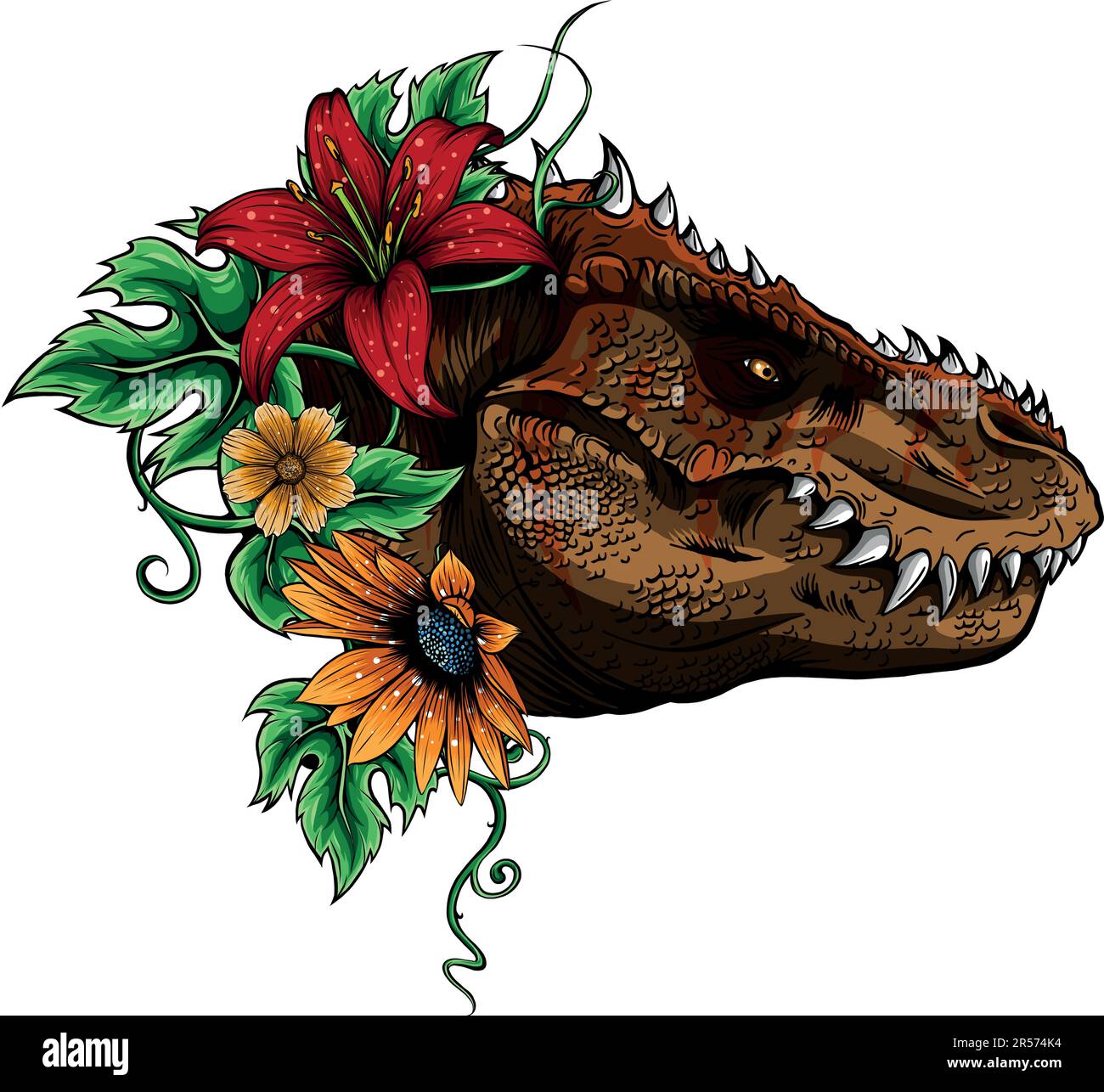 vector illustration of tirannosaurus rex head with leaves and flowers Stock Vector Image & Art ...