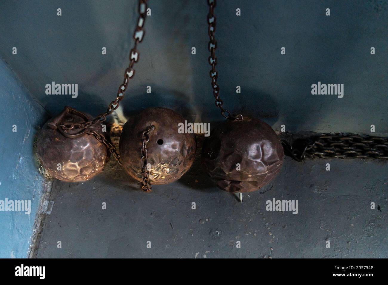 Old ball and chains against a blue wall in a jail Stock Photo - Alamy
