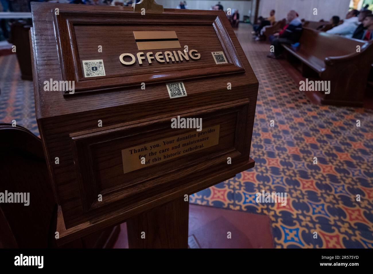 St. Augustine, Florida - December 31, 2022: Offering box for donations ...