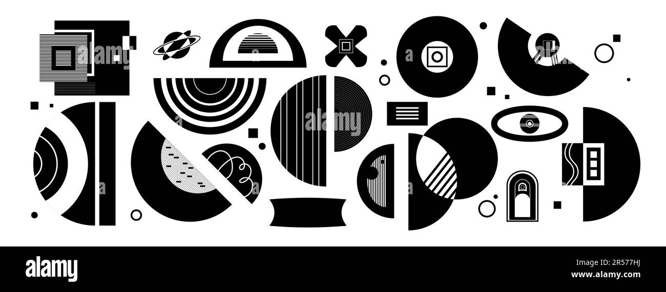 Geometric psychedelic shapes in black and white based on circle, square ...