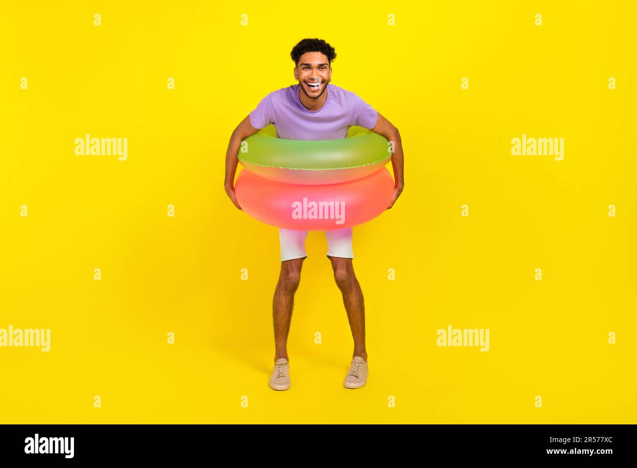 Full body photo of young guy student summertime party season chill wear ...