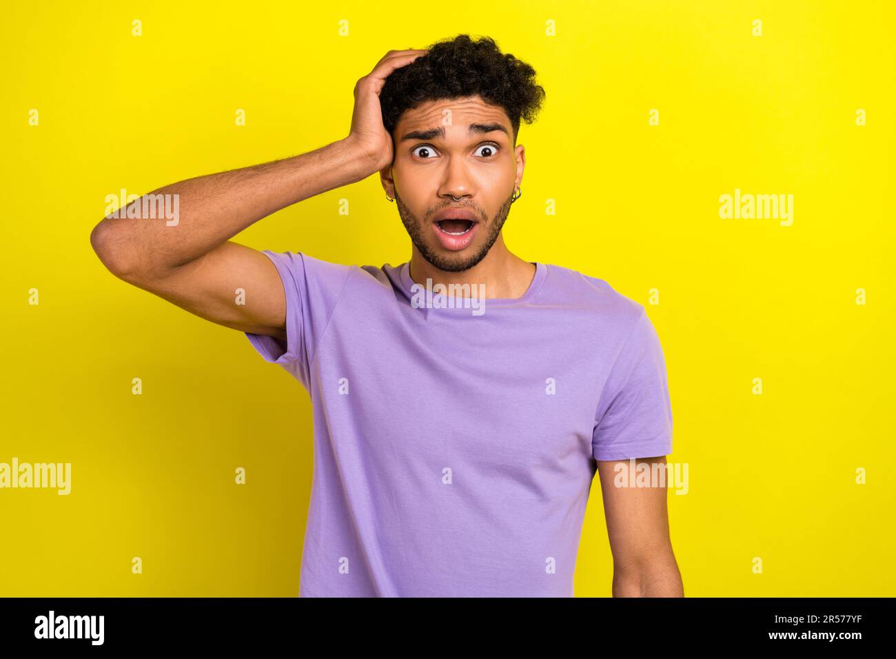 Portrait of impressed confused person arm touch head open mouth ...