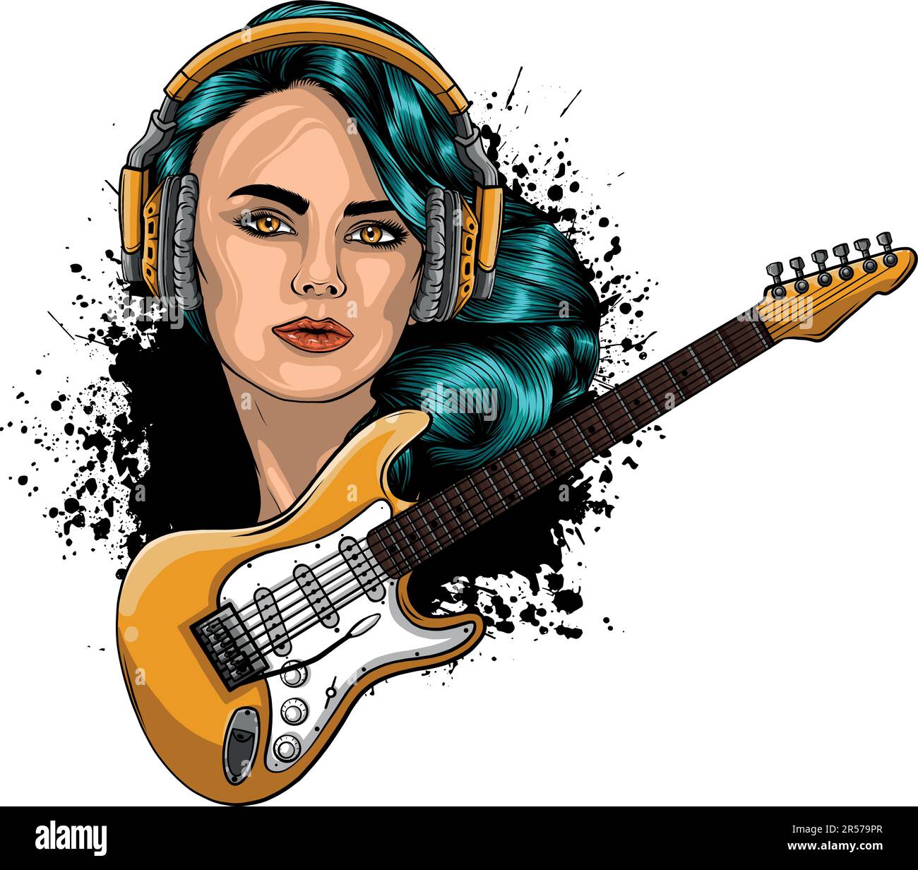 Anime Girl With Headphones And Guitar Drawing