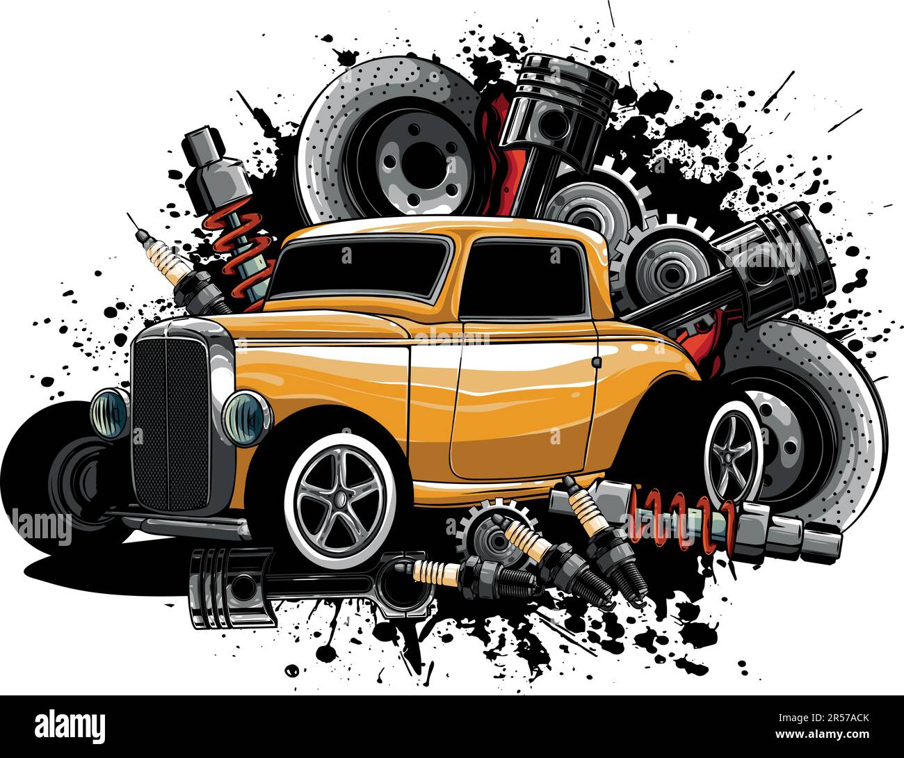 vector vintage car, signage for car service, store of spare parts retro ...