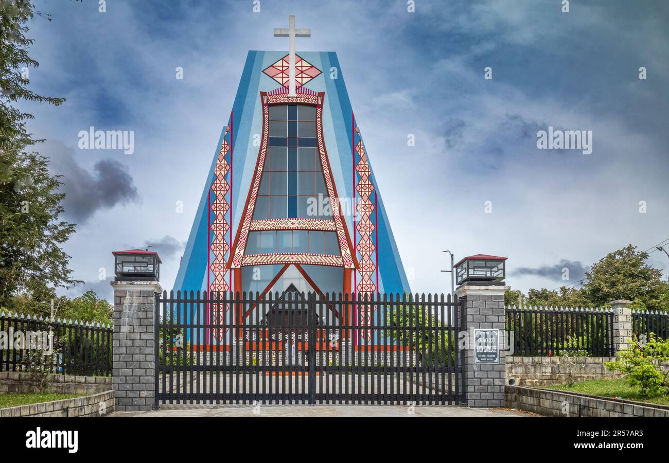 Kon Xom Luh Catholic Church, Kon Ray, Kontum, Vietnam. The steel gates ...