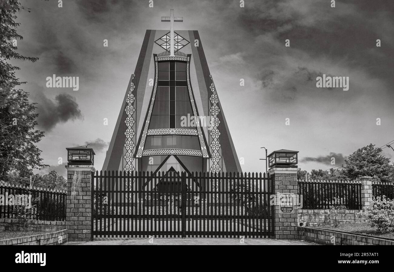 Kon Xom Luh Catholic Church, Kon Ray, Kontum, Vietnam. The steel gates ...