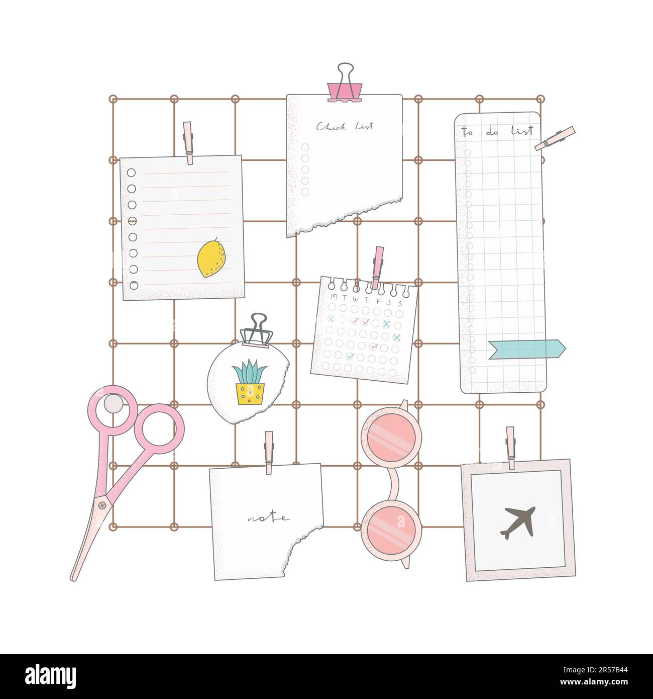 Flat vector illustration with scissors, cute paper notes, glasses, clip ...