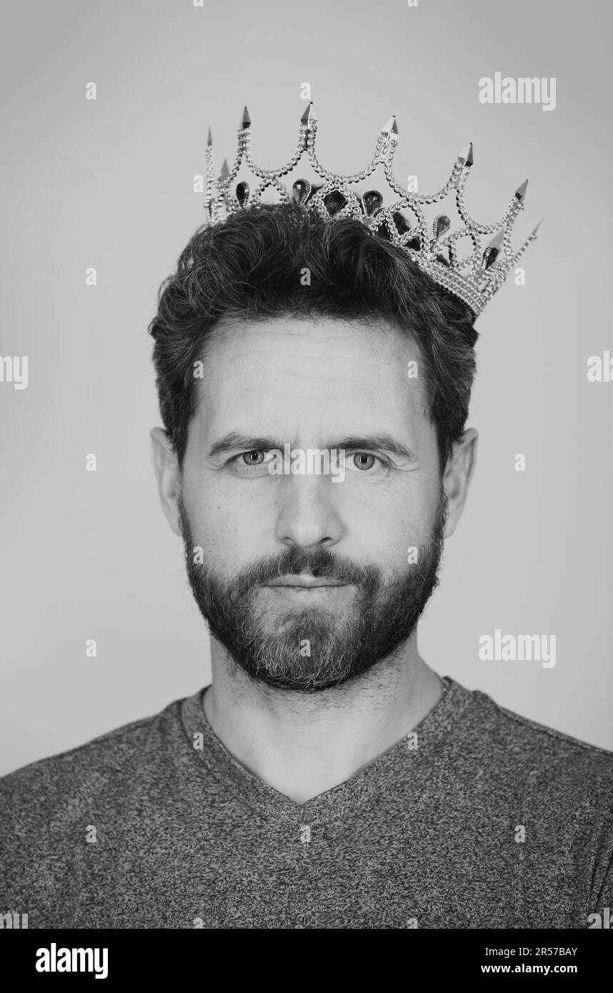 Young Man With Golden Crown Of King Over Gray Background Handsome Successful Man Wearing King