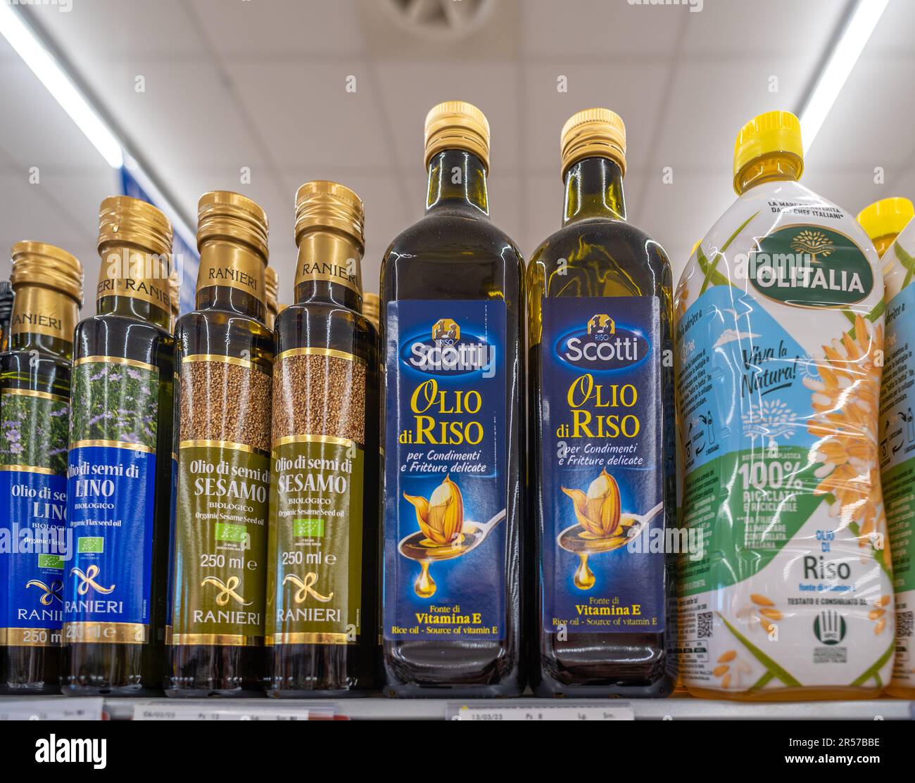 Italy - May 31, 2023: Scotti and Olitalia rice oil, sesame seed oil and ...