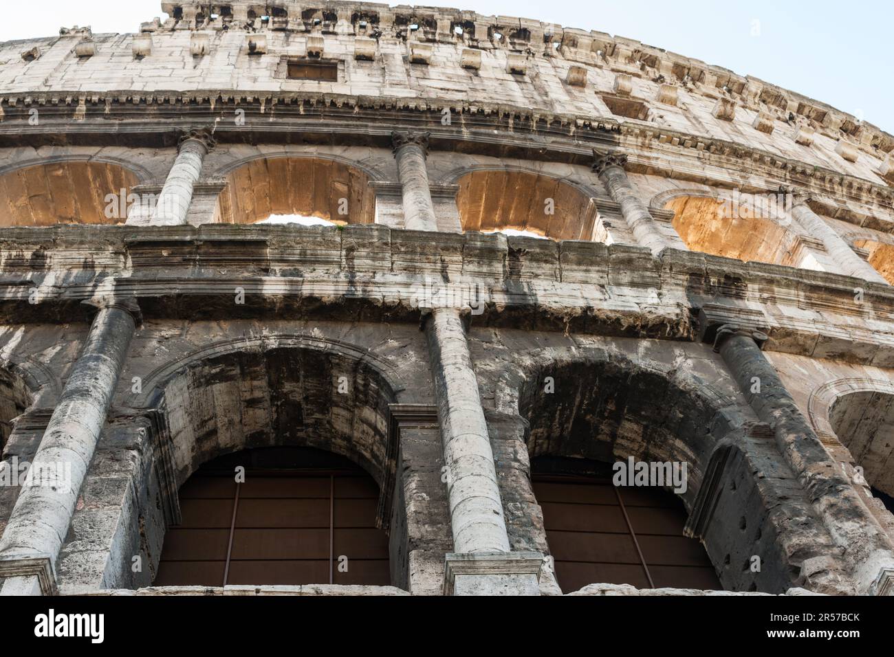 Colosseum famous and blackened grimy exterior closeup of iconic ancient ...