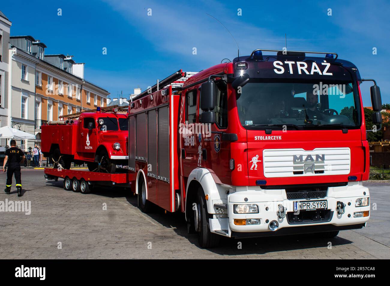 Warsaw, Poland - May 28, 2023 Fire engine driving in the city center of ...