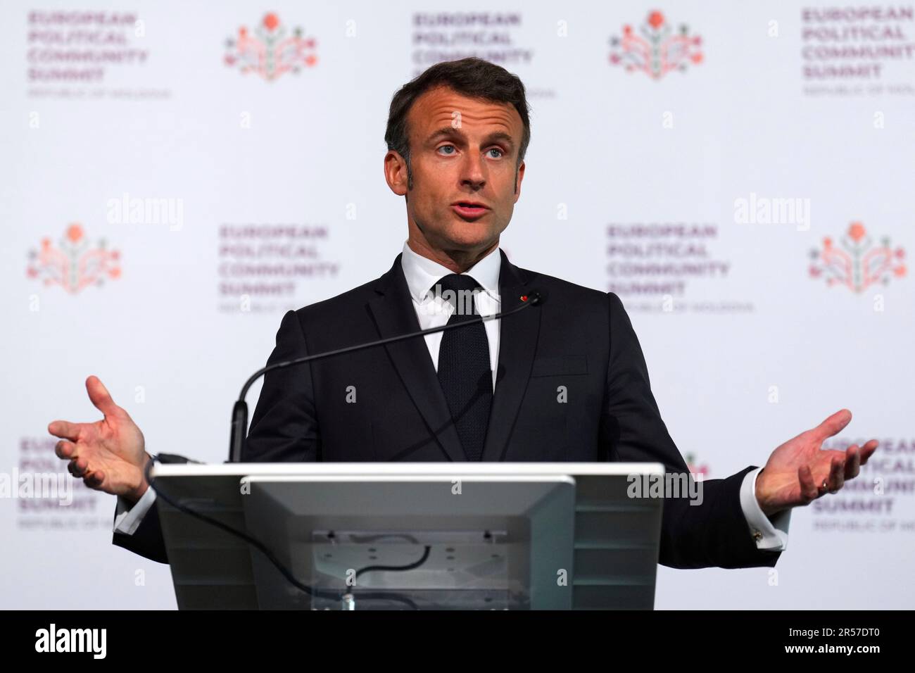 French President Emmanuel Macron speaks during a press conference at ...