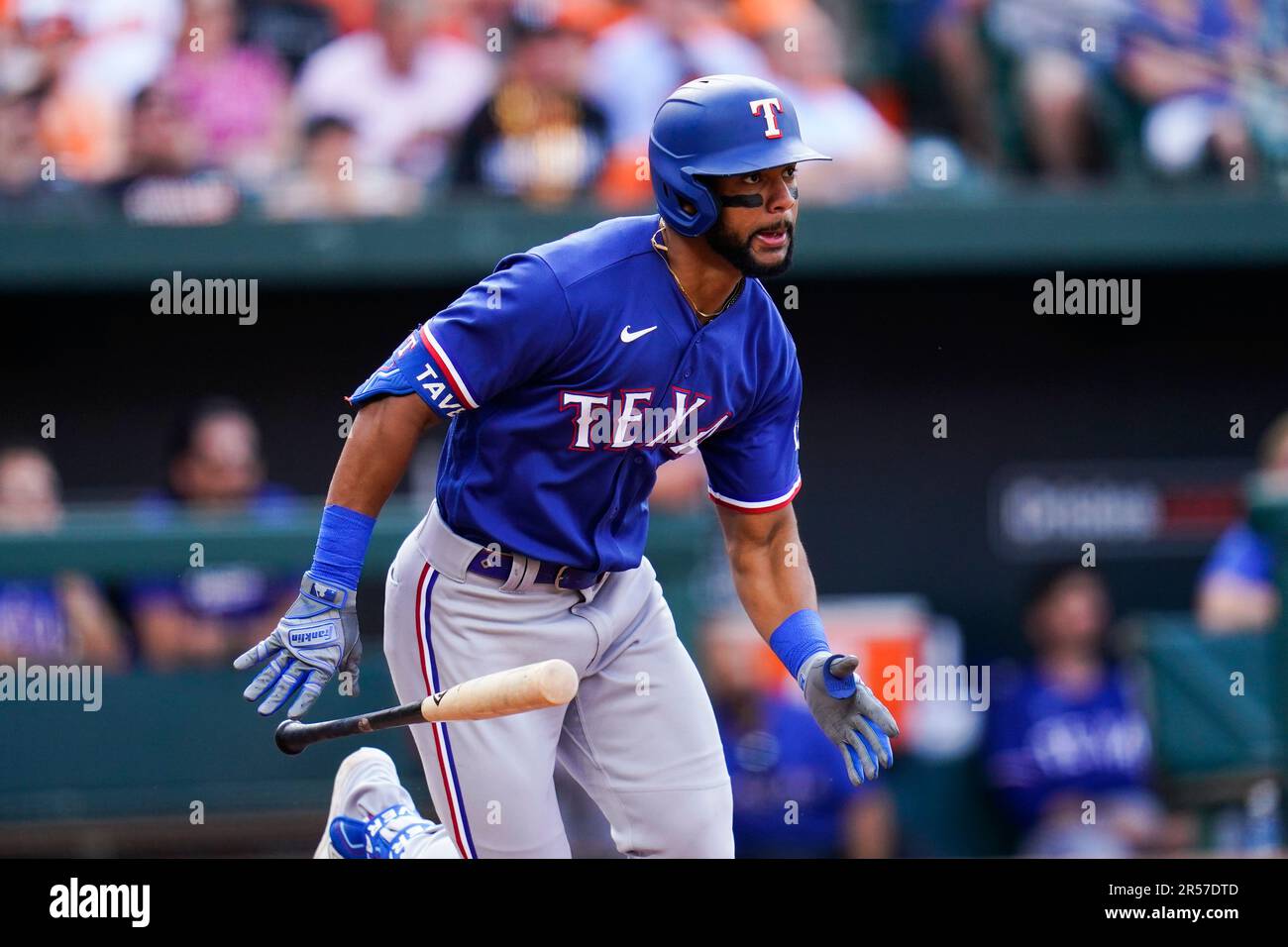 Texas Rangers' Leody Taveras runs to first base during the seventh ...