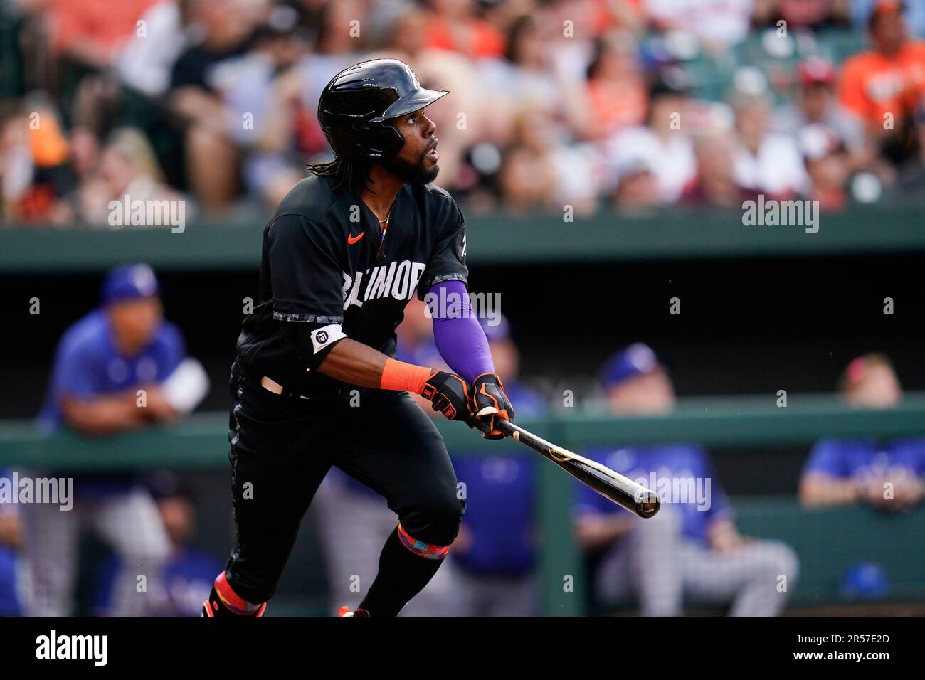 Baltimore Orioles' Cedric Mullins runs out a fly out against the Texas ...