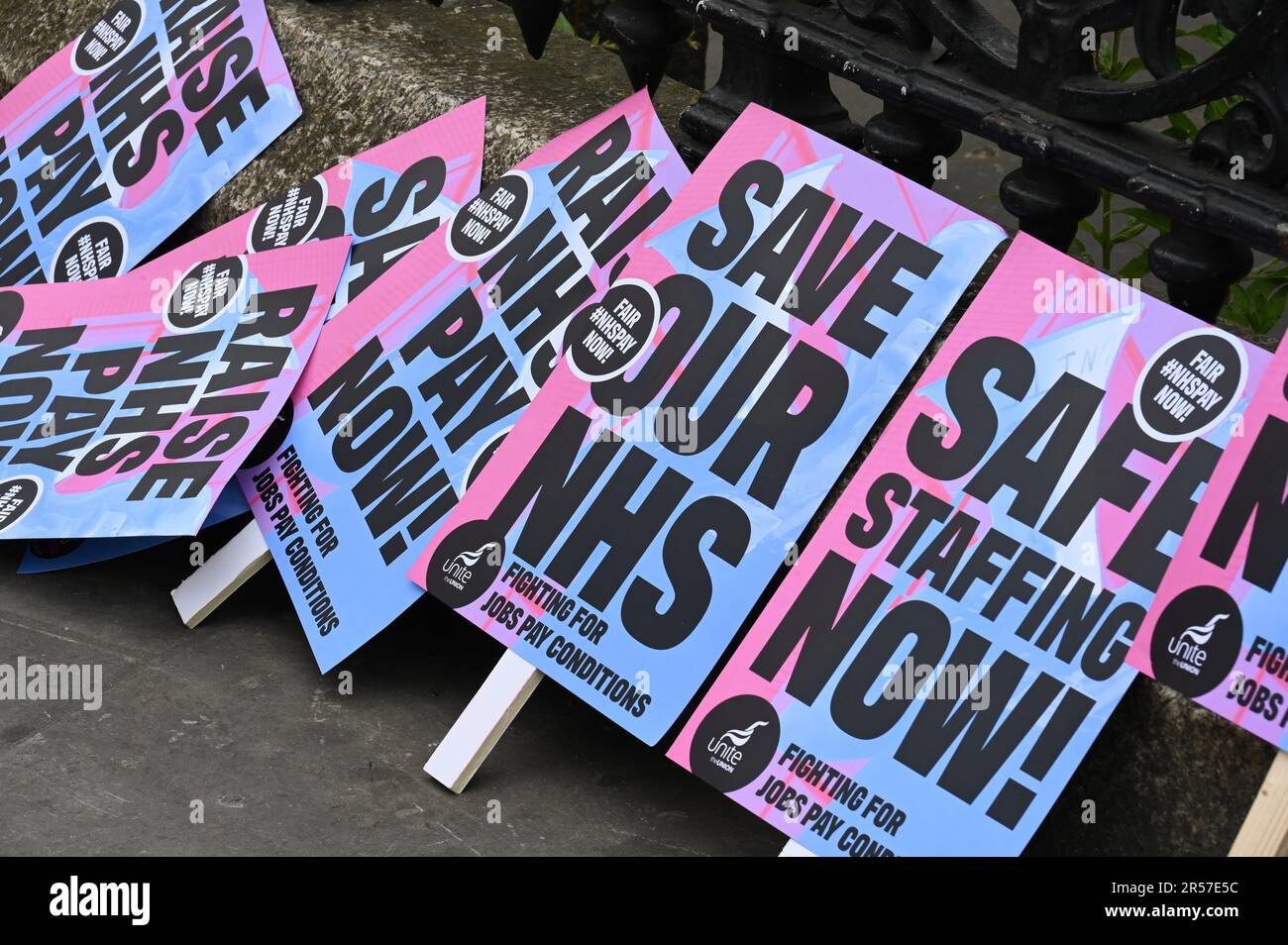 London, UK. Placards. Members of Unite the Union went on strike for 24 ...