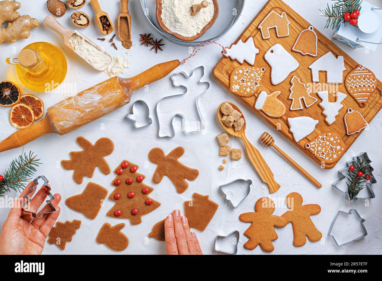 Christmas gingerbread different shaped with ingredients for gingerbread ...
