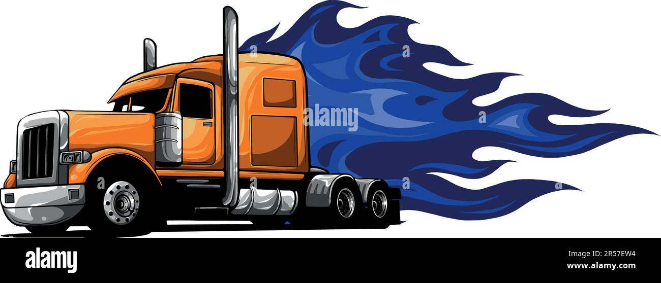american semi truck. Isolated vehicle with fire flame on white ...