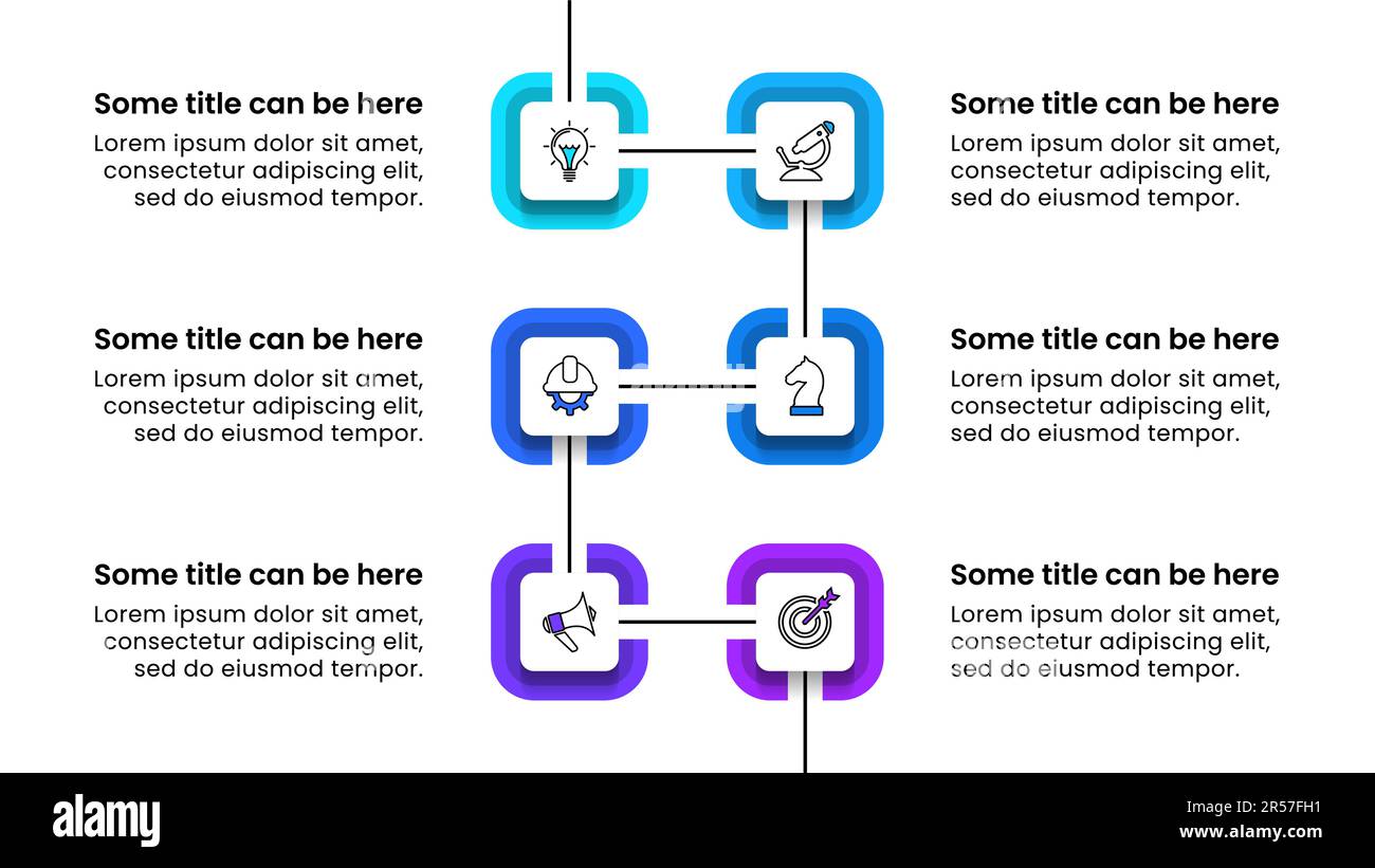 Infographic template with icons and 6 options or steps. Linked squares ...