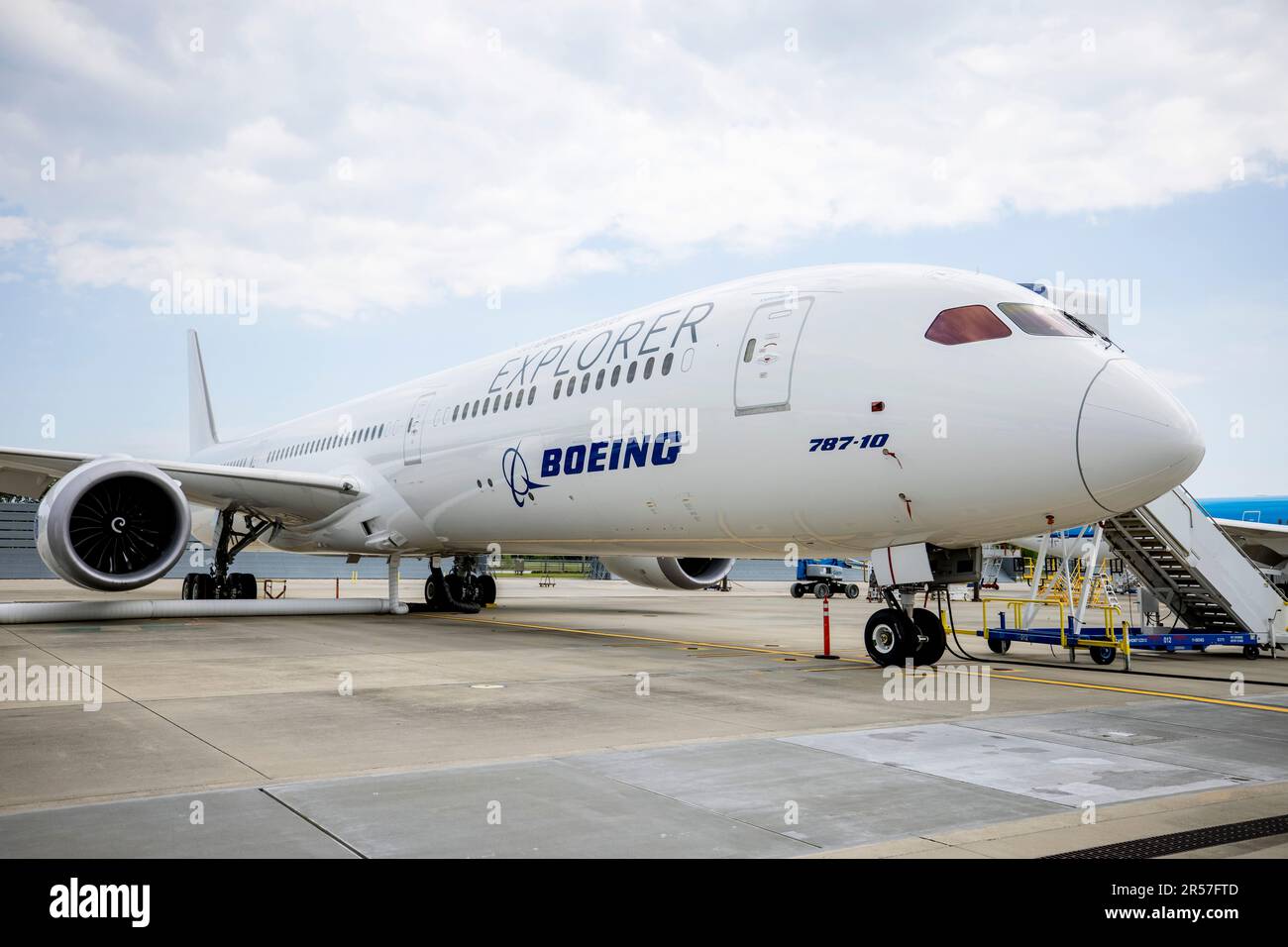 A Boeing ecoDemonstrator Explorer, a 787-10 Dreamliner, sits on the ...