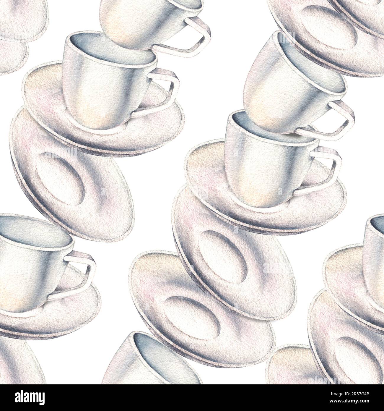 Watercolor tea saucer, white tea cup, tea seamless pattern. Isolated ...