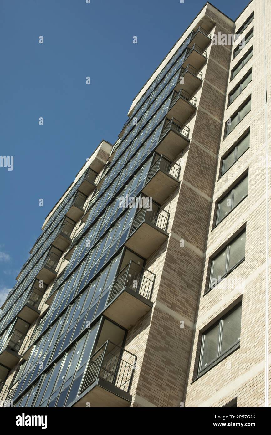 New building. Black balconies. Details of exterior of building. Modern ...