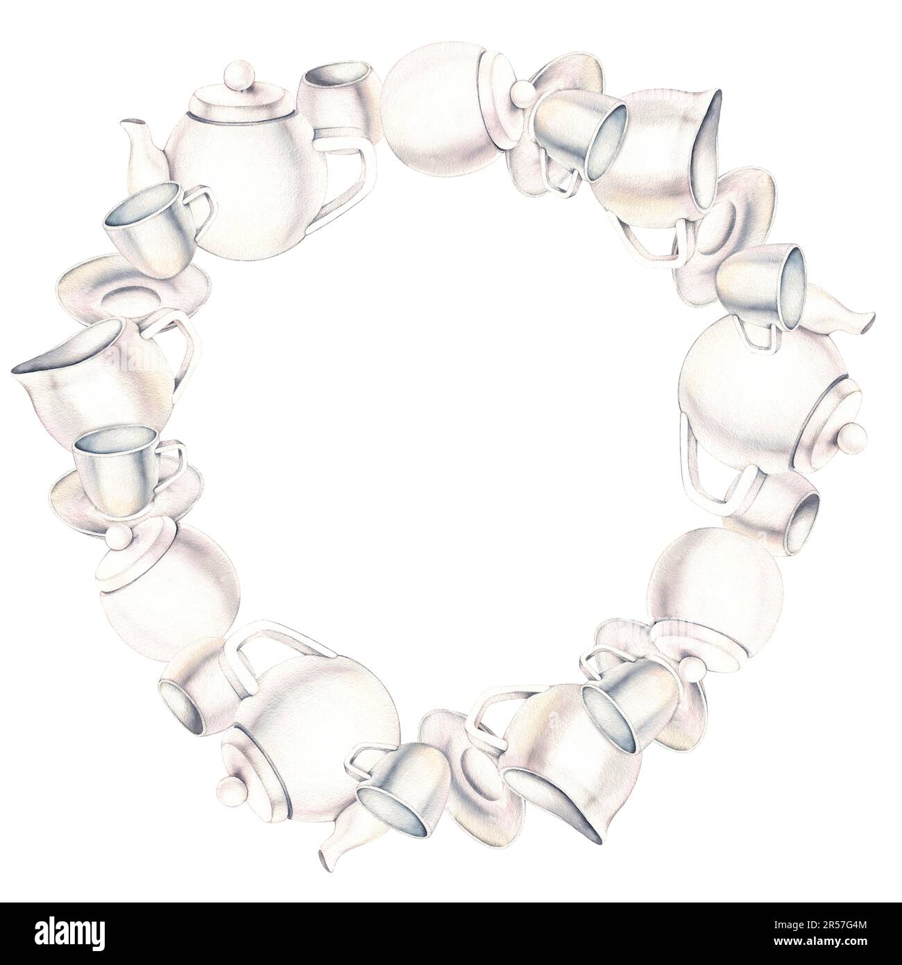 Watercolor frame of white teaware, Tea set with a teapot, cups, saucers ...