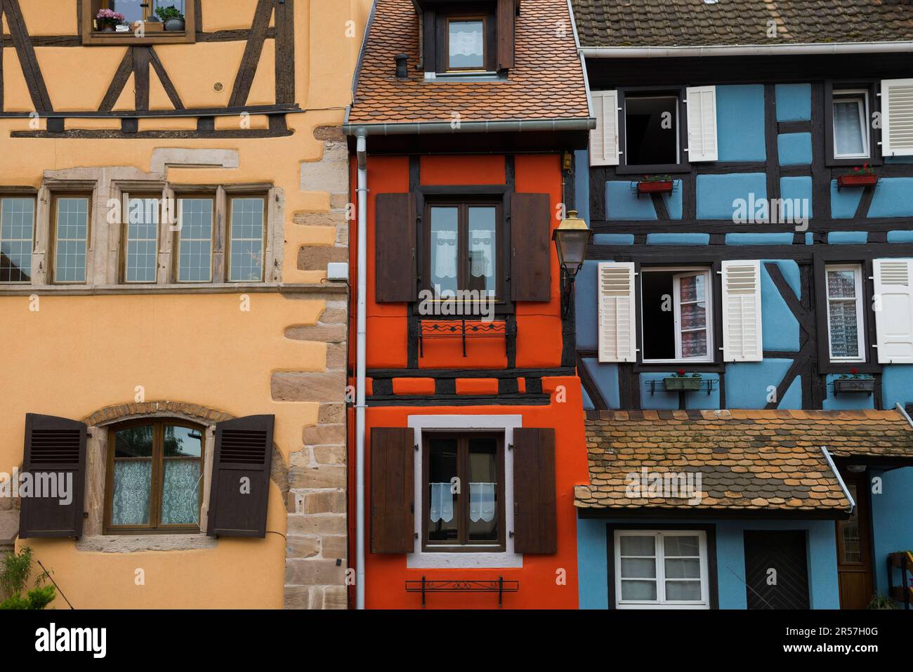 Medieval colourful half-timbered houses, Bergheim, Grand Est, Haut-Rhin ...