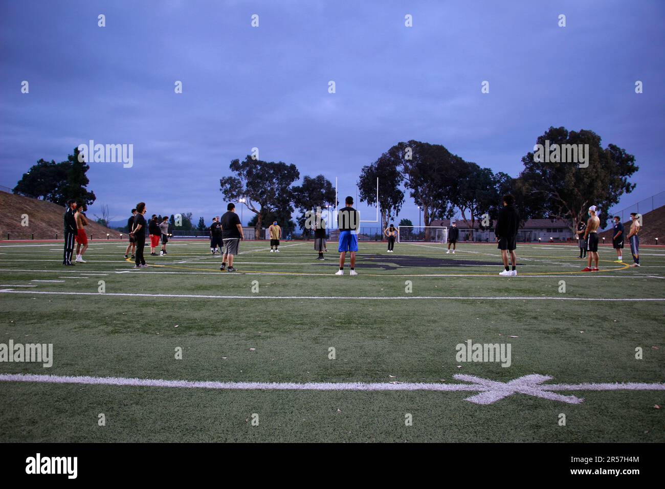 Football athletes finish practice at Shepard Stadium at Pierce College ...