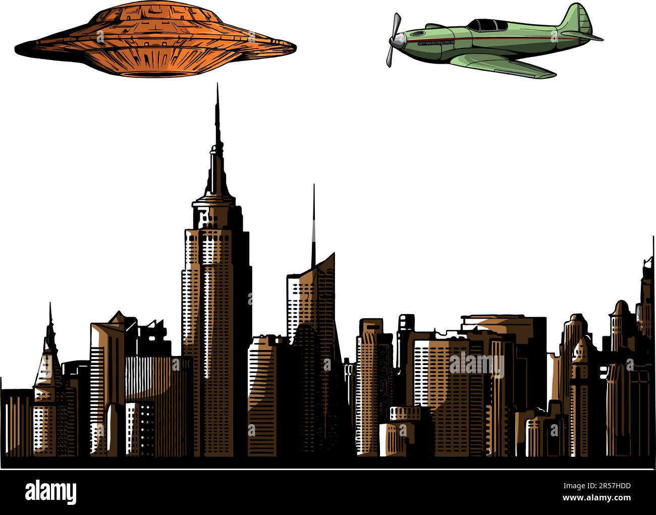 Vector illustration of ufo fight versus jet in the city Stock Vector ...
