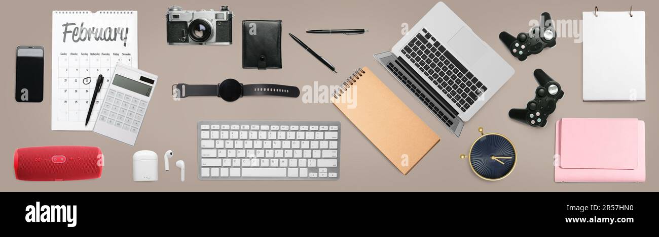 Big collage of modern devices with office stationery and calendar on ...