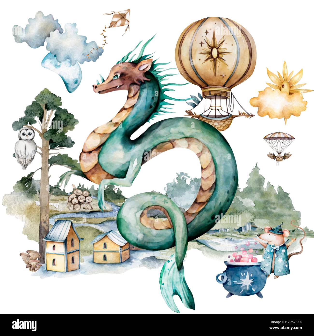 Dragons and castle watercolor illustration. Fairy tale print Stock ...