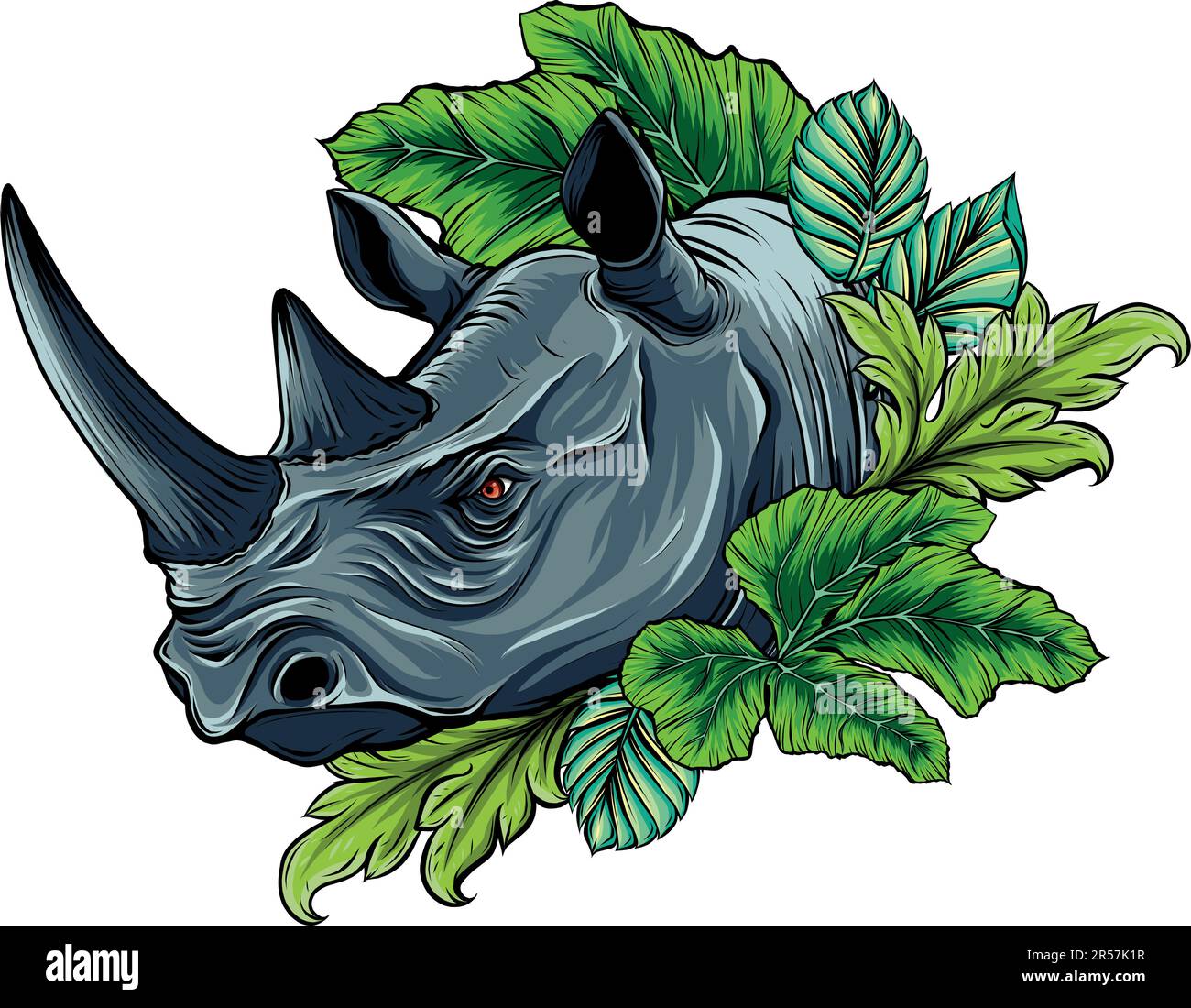 vector illustration of rhinoceros head with leaves Stock Vector Image ...