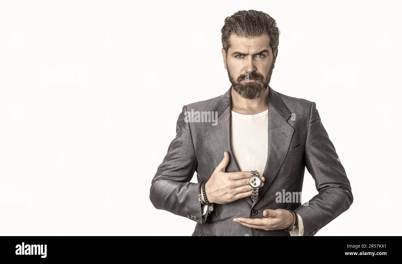 Hand in with wrist watch in a business suit. Elegant handsome man in ...