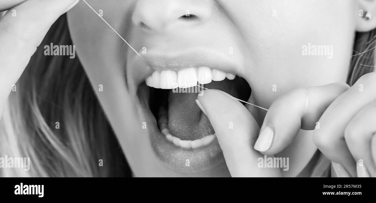 Dental floss. Taking care of teeth. Healthy teeth concept. Teeth ...