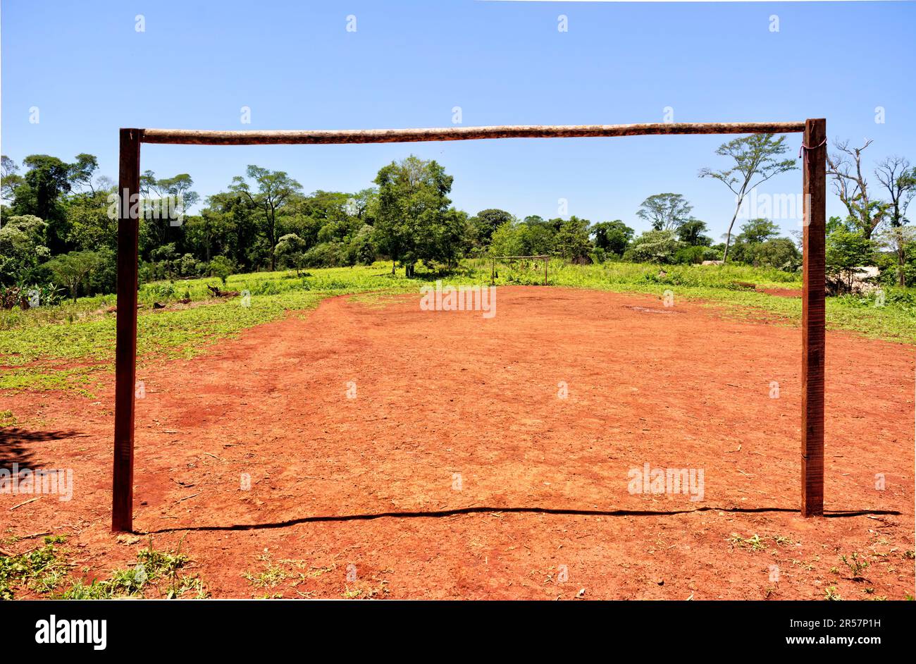 Football goal in an aboriginal tribe jejy miri in Misiones, Argentina ...