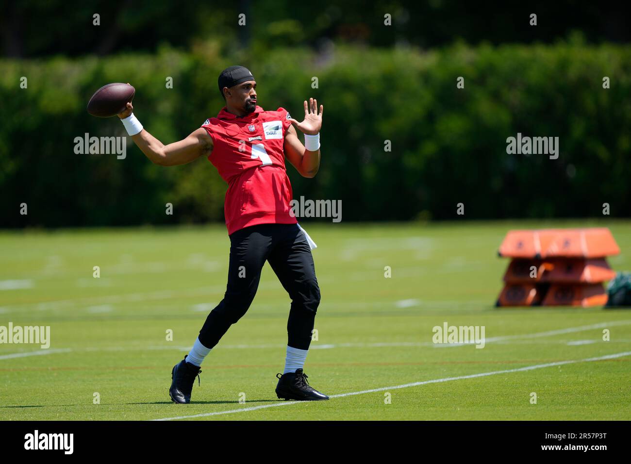 Philadelphia Eagles quarterback Jalen Hurts takes part in a practice at ...