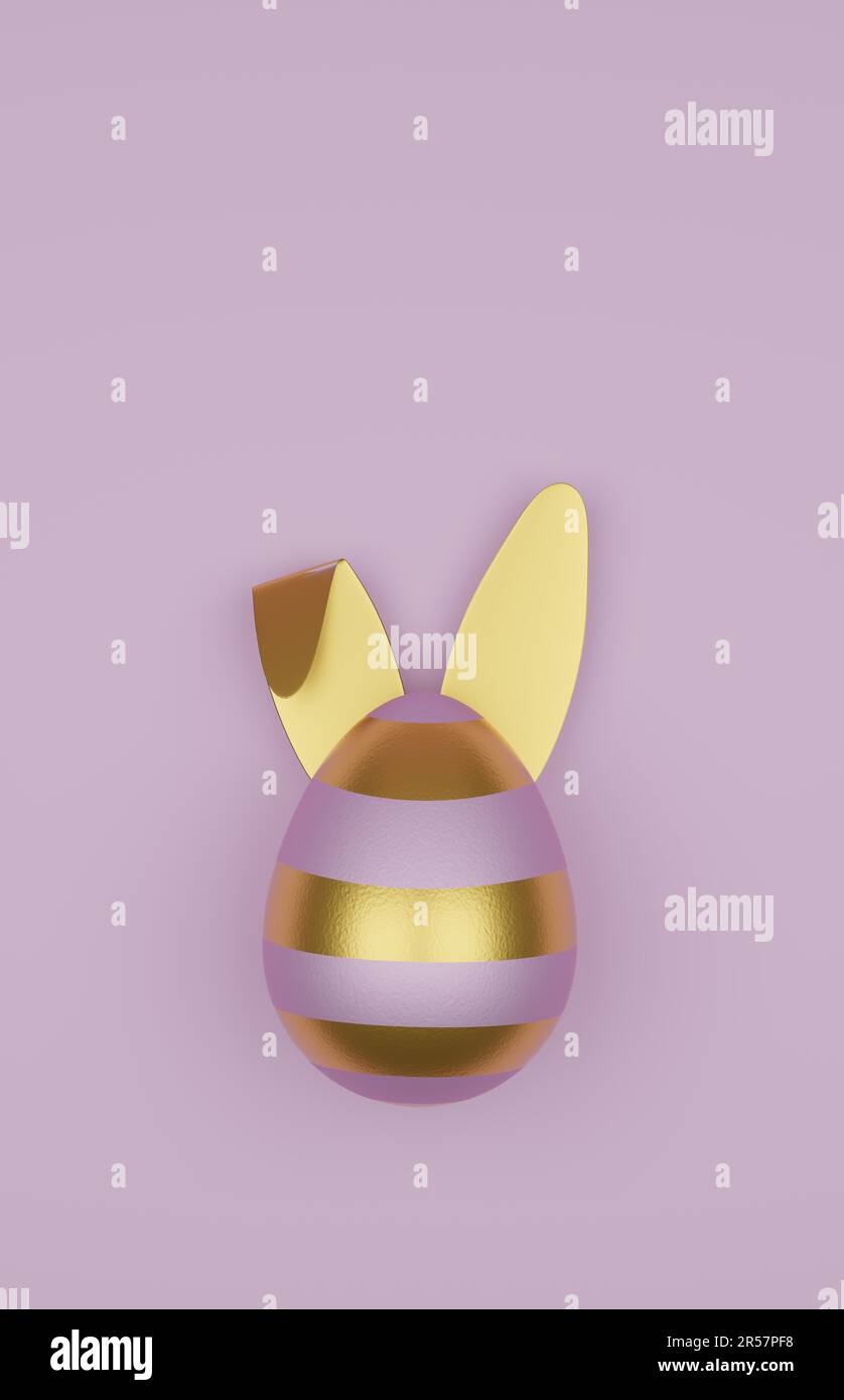 Pink Easter egg with golden stripes and bunny ears on a pink background ...