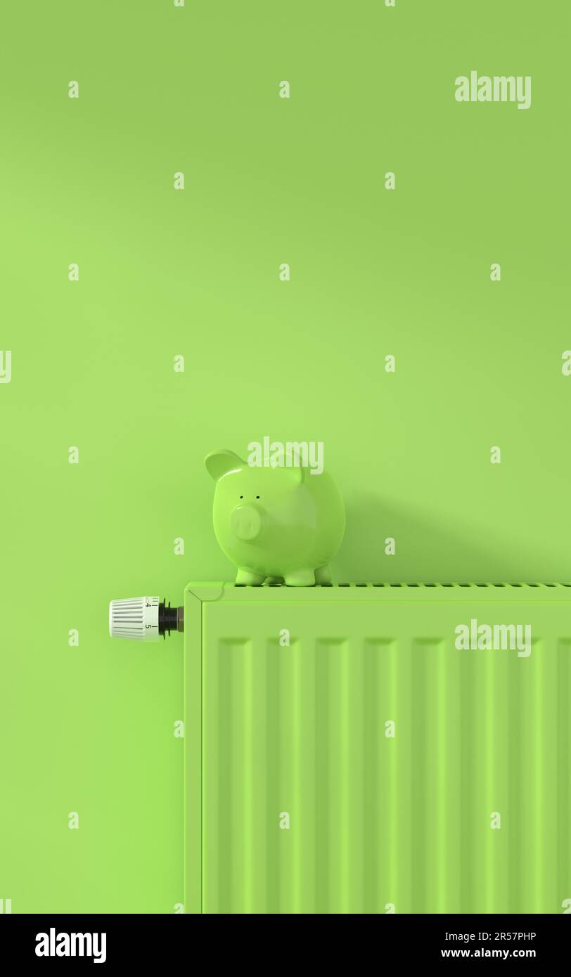 Green radiator in a green room, saving energy concept with a green ...